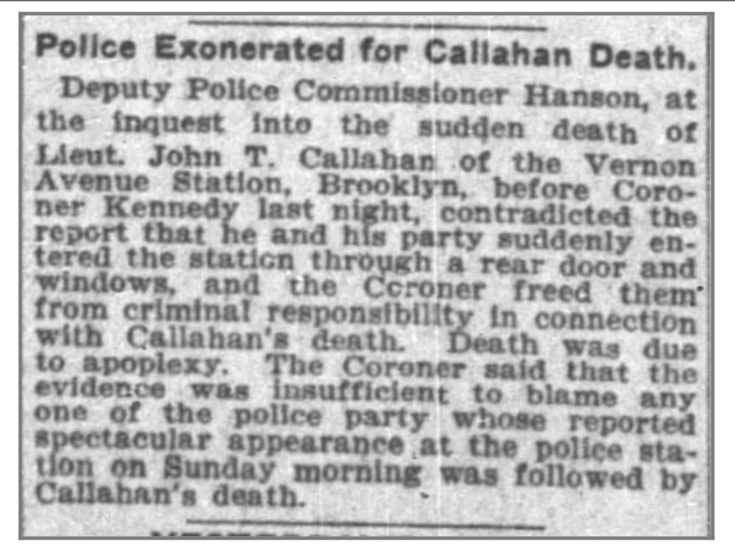 The Shocking & Untimely Death of Lt. John T. Callahan, January 10, 1909 ...